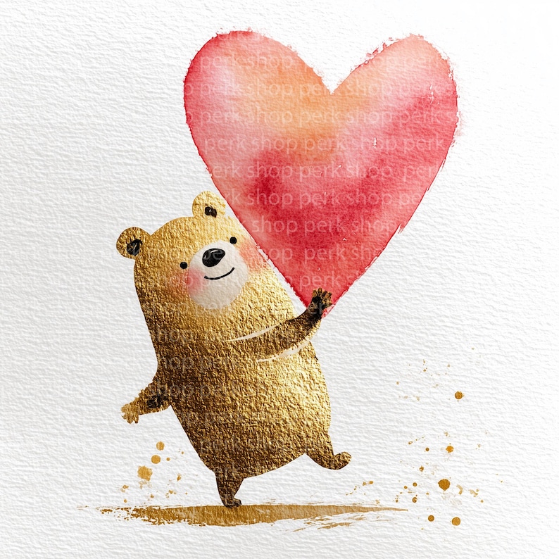 Watercolor Teddy Bear Love Clipart, Cute Bear With Heart, Pink Gold ...