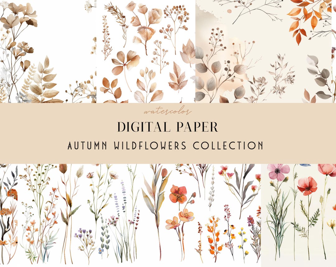 Wildflower Watercolor Digital Paper Pack, Rustic Autumn Background Set ...