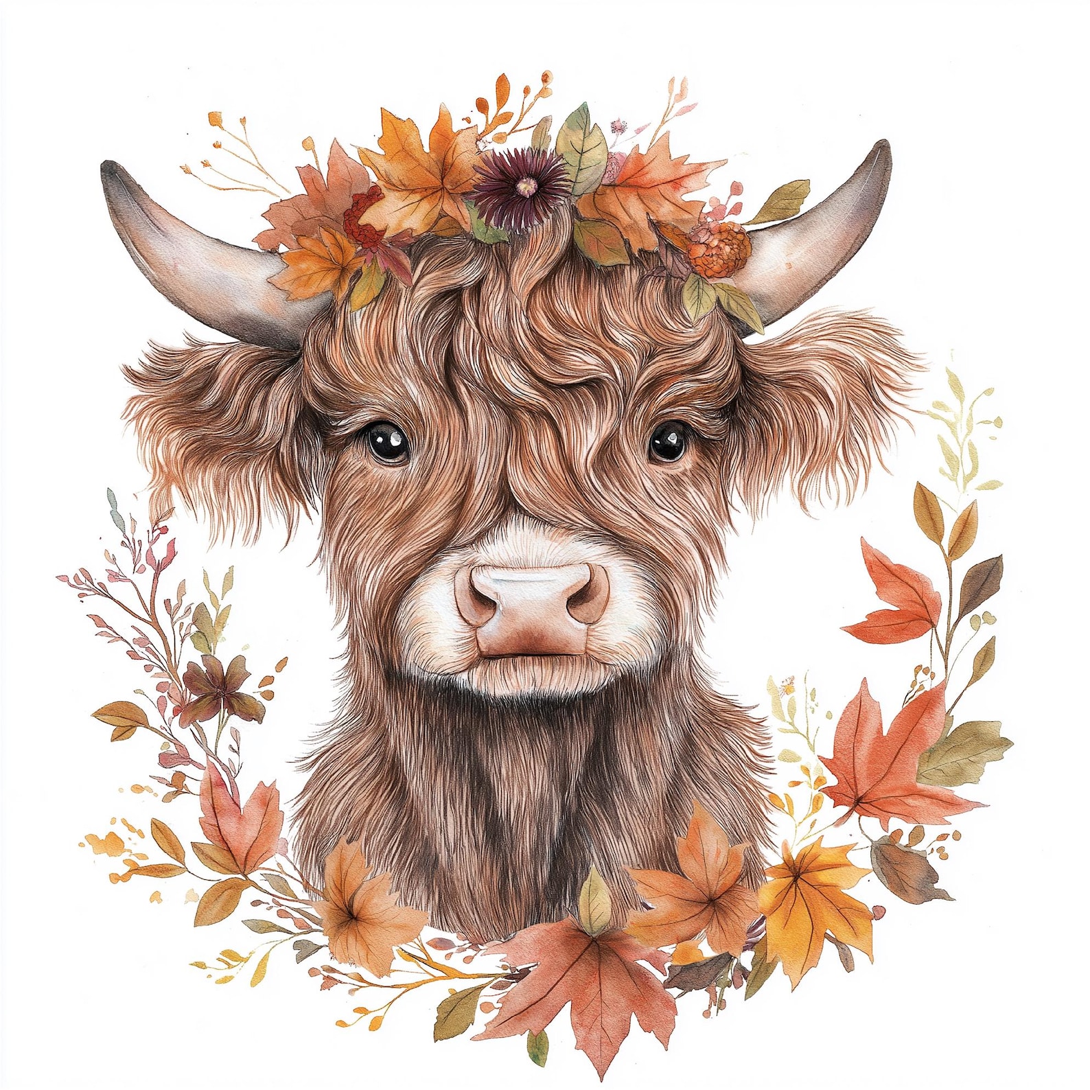 11 Highland Cow Fall Clipart, Floral Farm Animal Watercolor, Printable ...