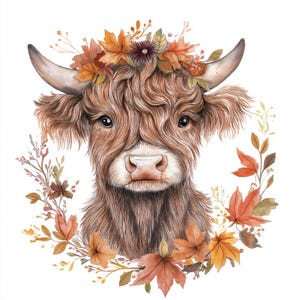 11 Highland Cow Fall Clipart, Floral Farm Animal Watercolor, Printable ...