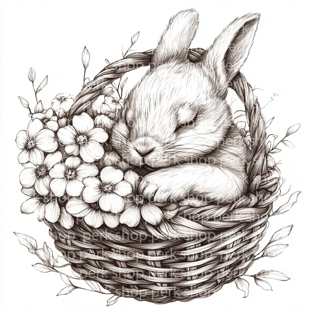 Easter Bunny Clipart: Hand-drawn Rabbit, Basket Flowers (JPG Digital ...