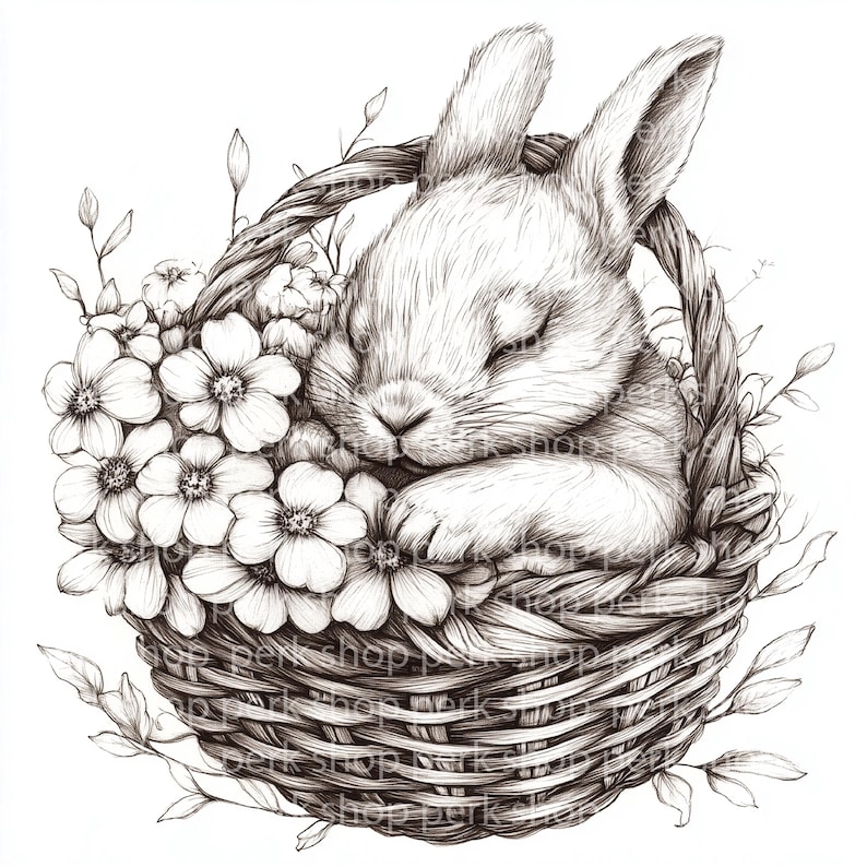 Easter Bunny Clipart: Hand-drawn Rabbit, Basket Flowers (JPG Digital ...