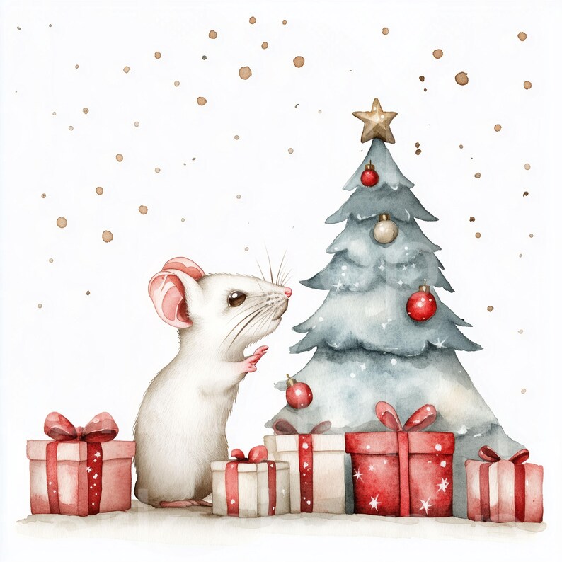 Christmas Tree Mice Watercolor Clipart: Winter Holiday Decor (digital ...