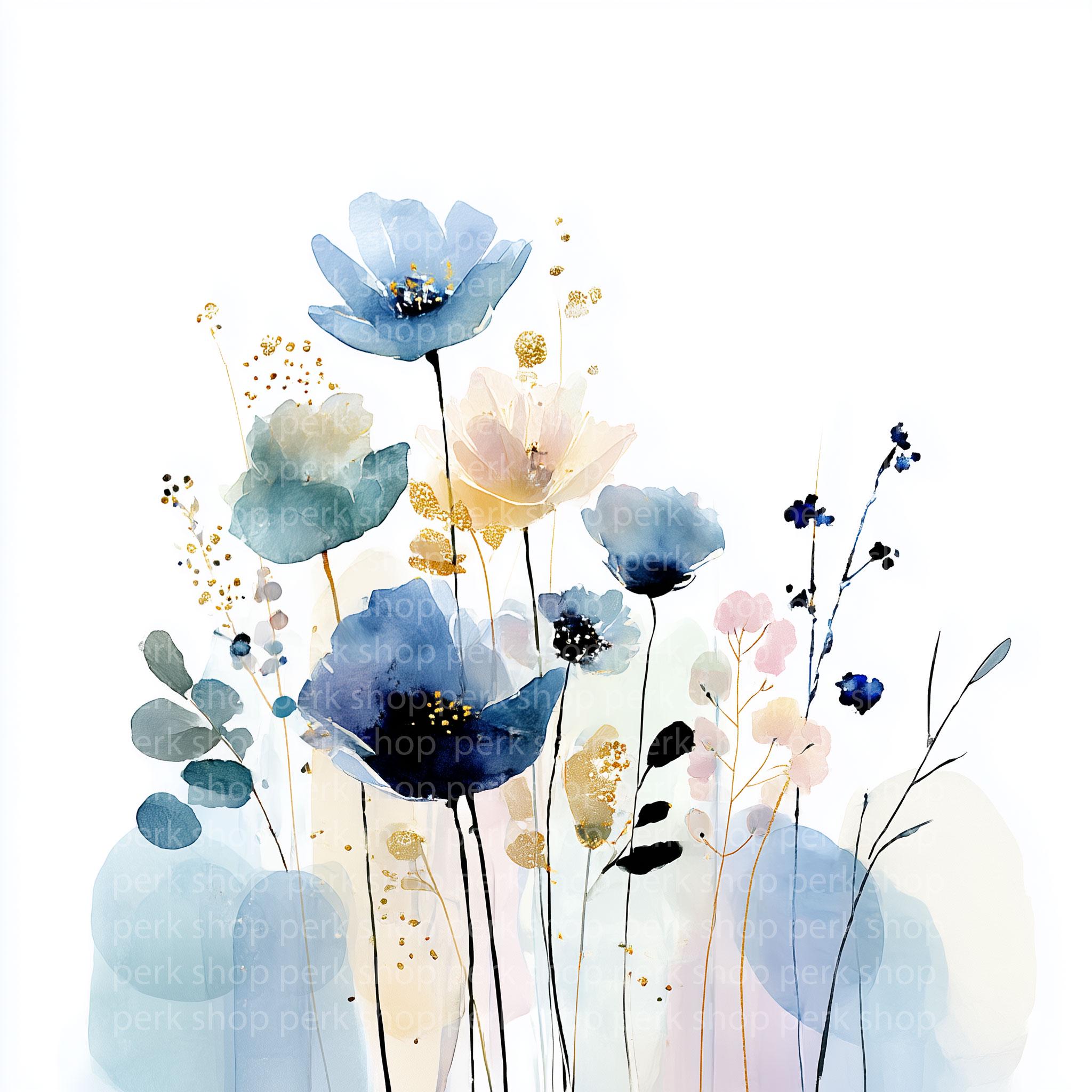 Blue Watercolor Flower Clipart, Printable Floral Illustration, Modern ...