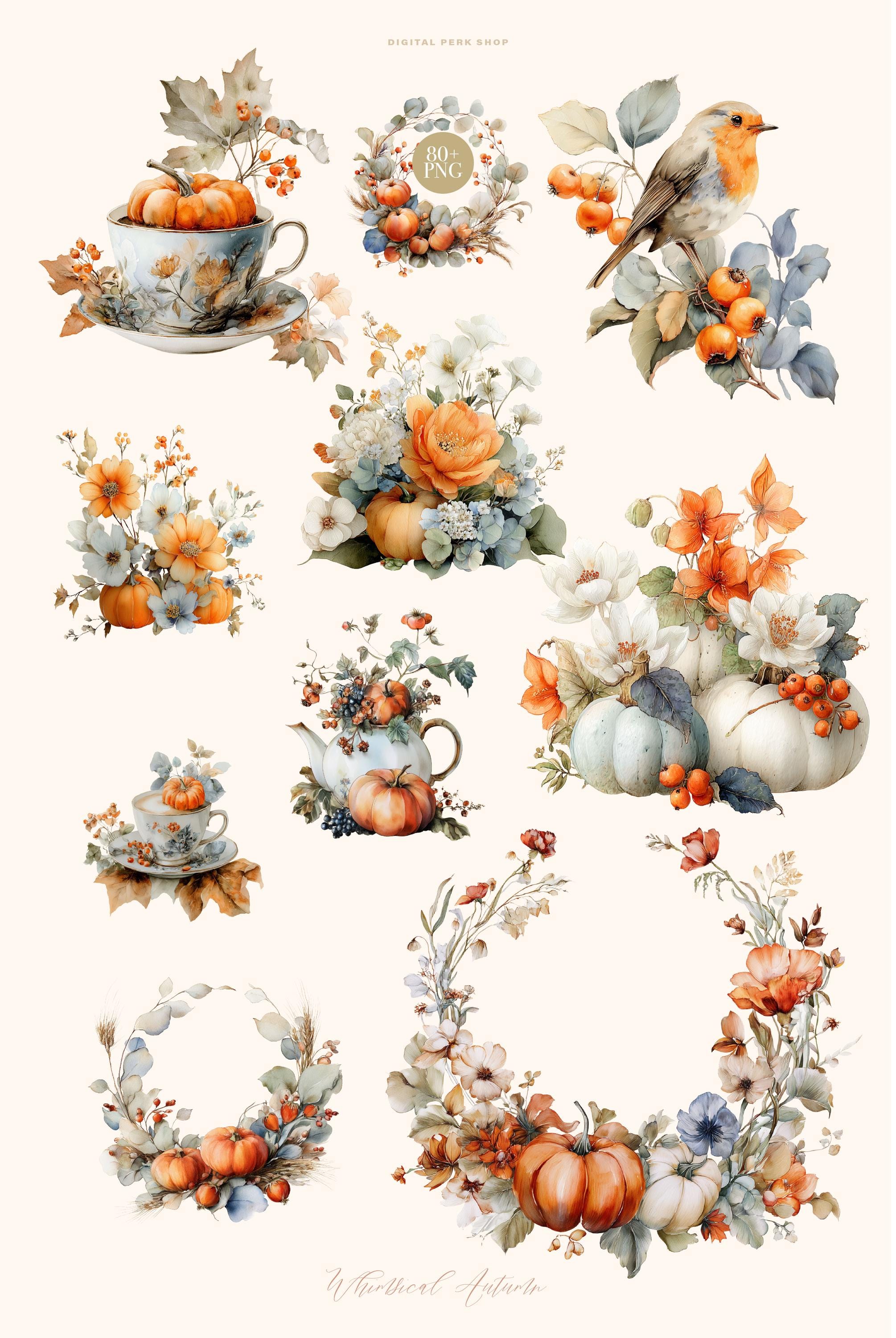 Autumn Watercolor Clipart Bundle: Pumpkins, Mushrooms, Woodland Animals ...