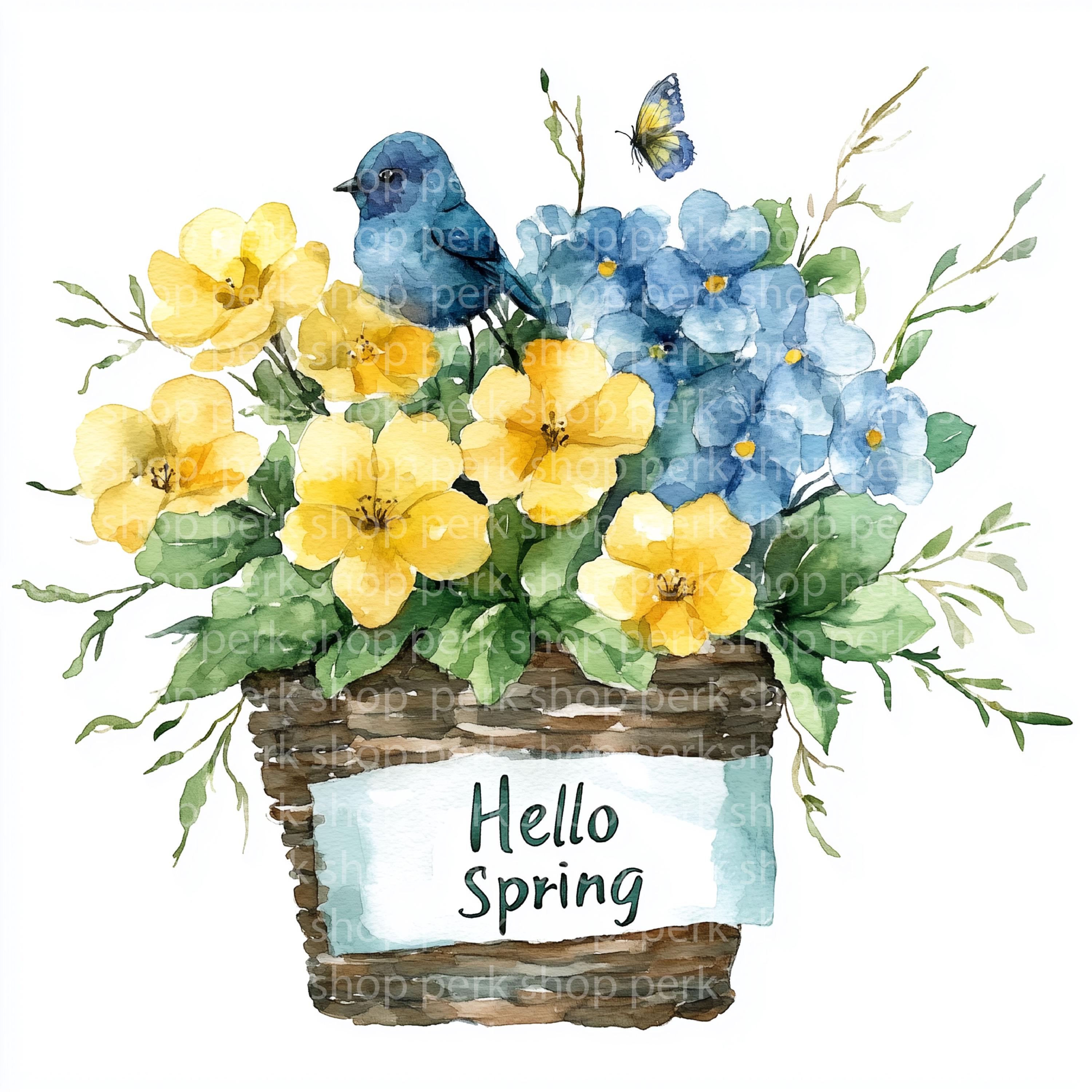 Spring Flowers Clipart, Spring Floral Basket Watercolor, Printable ...