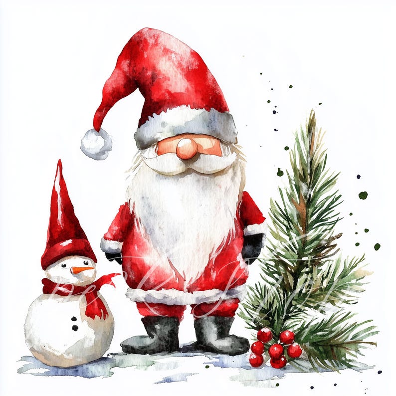 Santa Snowman Clipart, Christmas Tree Winter Watercolor Printable Craft ...