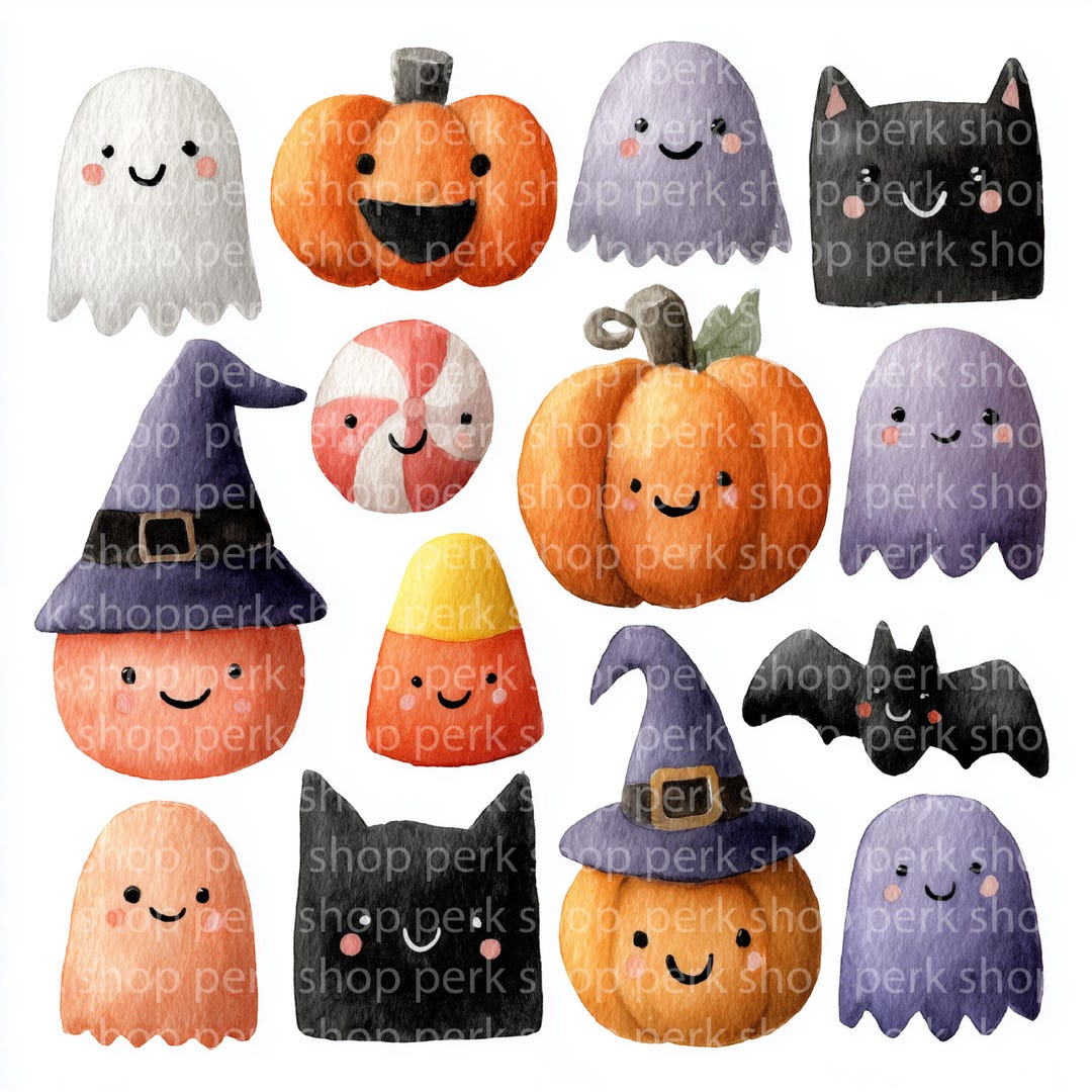 Cute Halloween Watercolor Clipart | Ghost, Pumpkin, Candy PNG | Kawaii ...