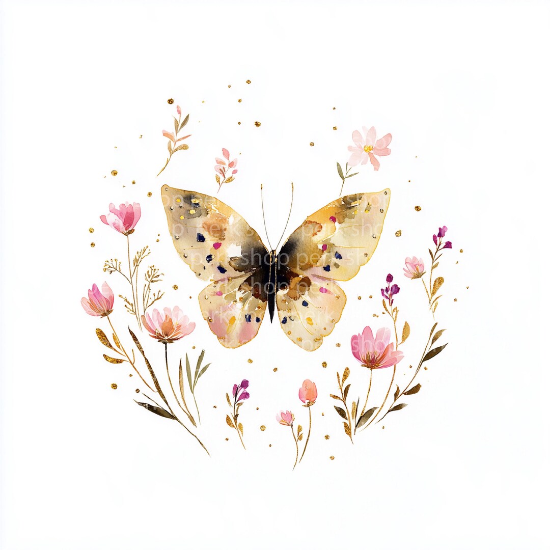 Boho Butterfly Clipart: Spring Pink Floral Watercolor (digital Download ...