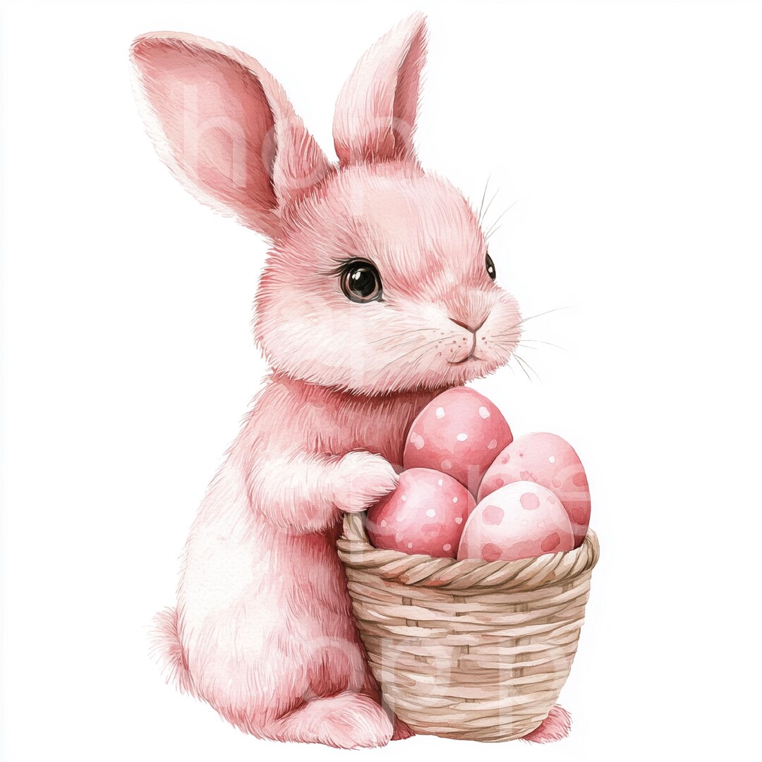 Pink Easter Bunny Clipart: Watercolor Rabbit With Basket (digital ...