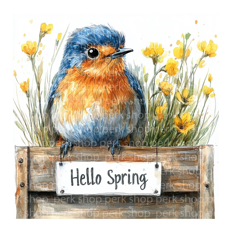 18 Hello Spring Clipart, Floral Basket Watercolor Birds, Printable ...