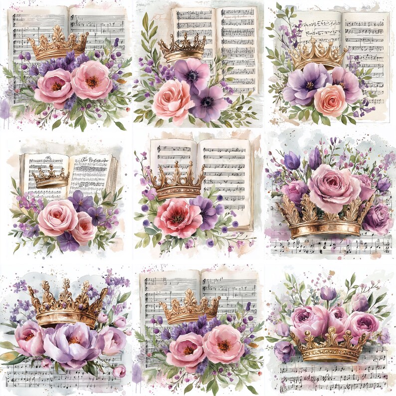Music Notes Clipart, Floral Crown Vintage Ephemera Print, Flower ...