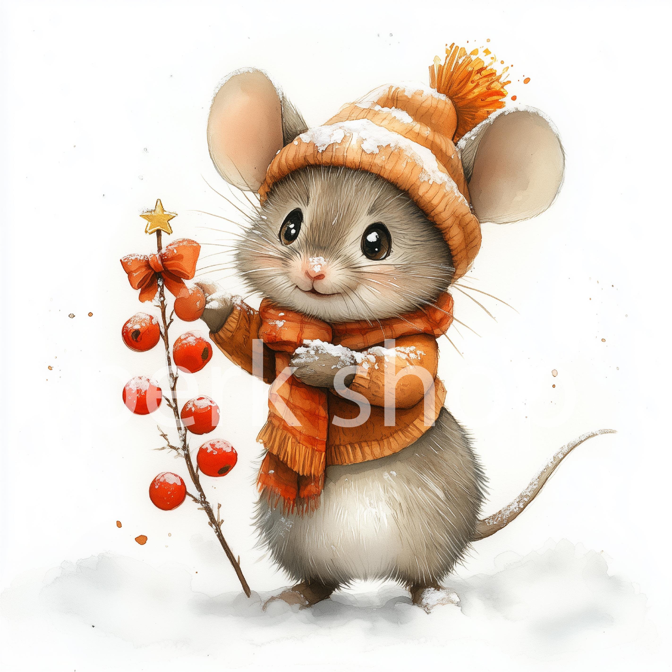 Christmas Mice Clipart: Watercolor Tree, Holiday Card Design (digital ...