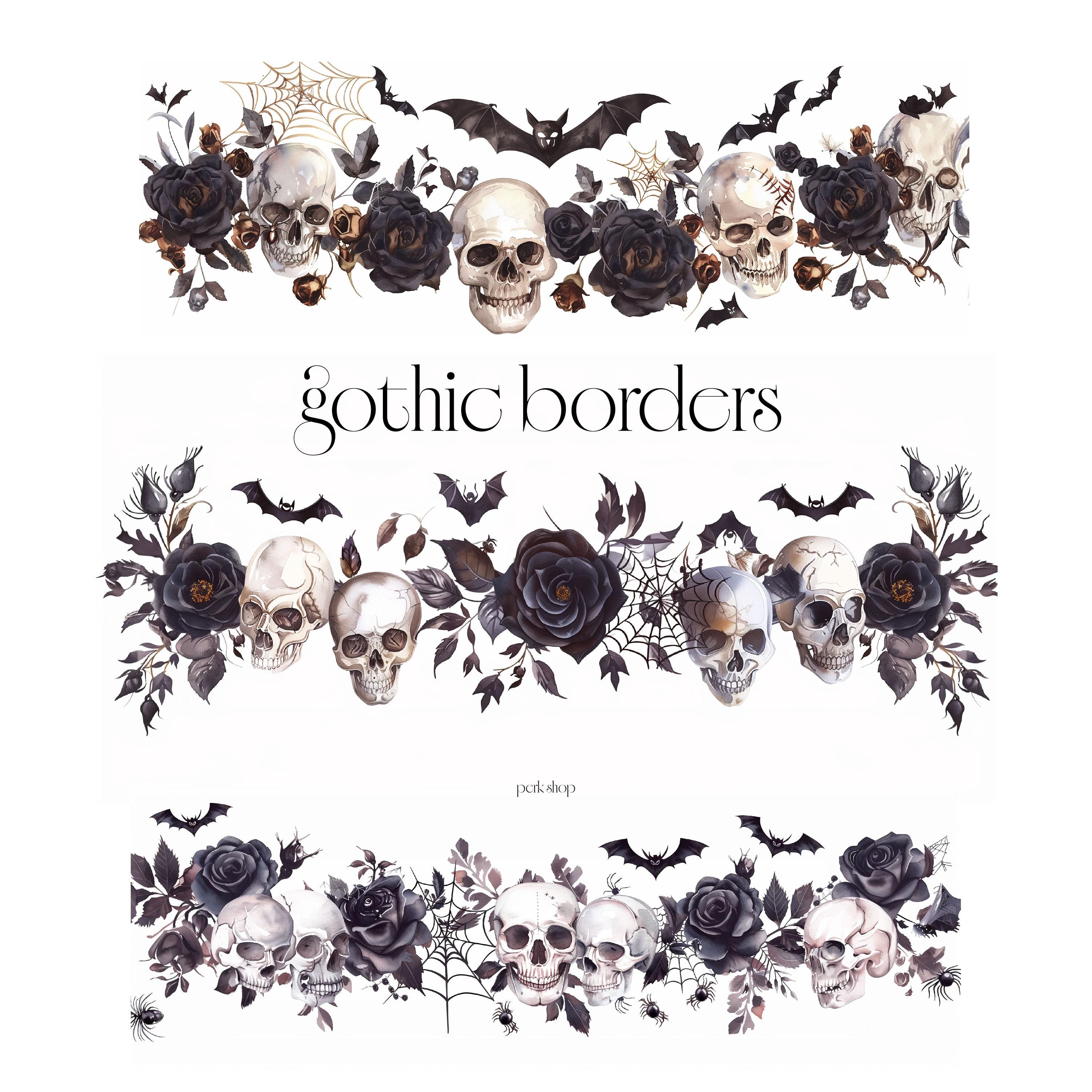 Halloween Borders Clipart, Watercolor Skull and Rose PNG, Halloween ...