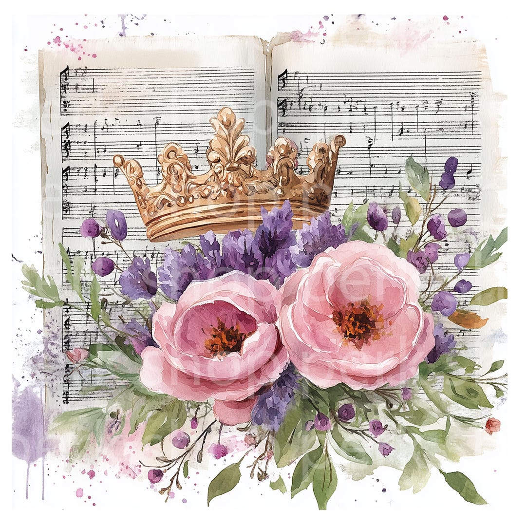 Floral Crown Music Notes Clipart: Vintage Ephemera Print (digital ...