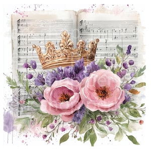 Music Notes Clipart, Floral Crown Vintage Ephemera Print, Flower ...