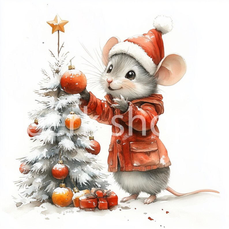 Christmas Mice Clipart: Watercolor Tree, Holiday Card Design (digital ...