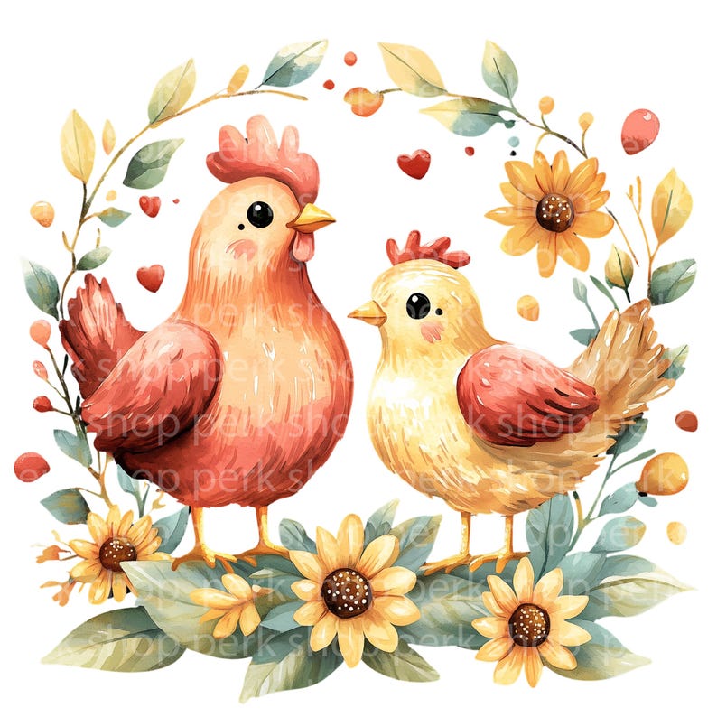 Watercolor Hen and Chick Clipart: Farm Animal Floral PNG (digital ...