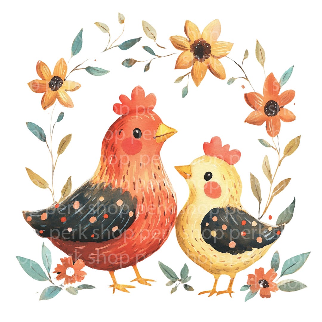 Watercolor Hen and Chick Clipart: Farm Animal Floral PNG (digital ...