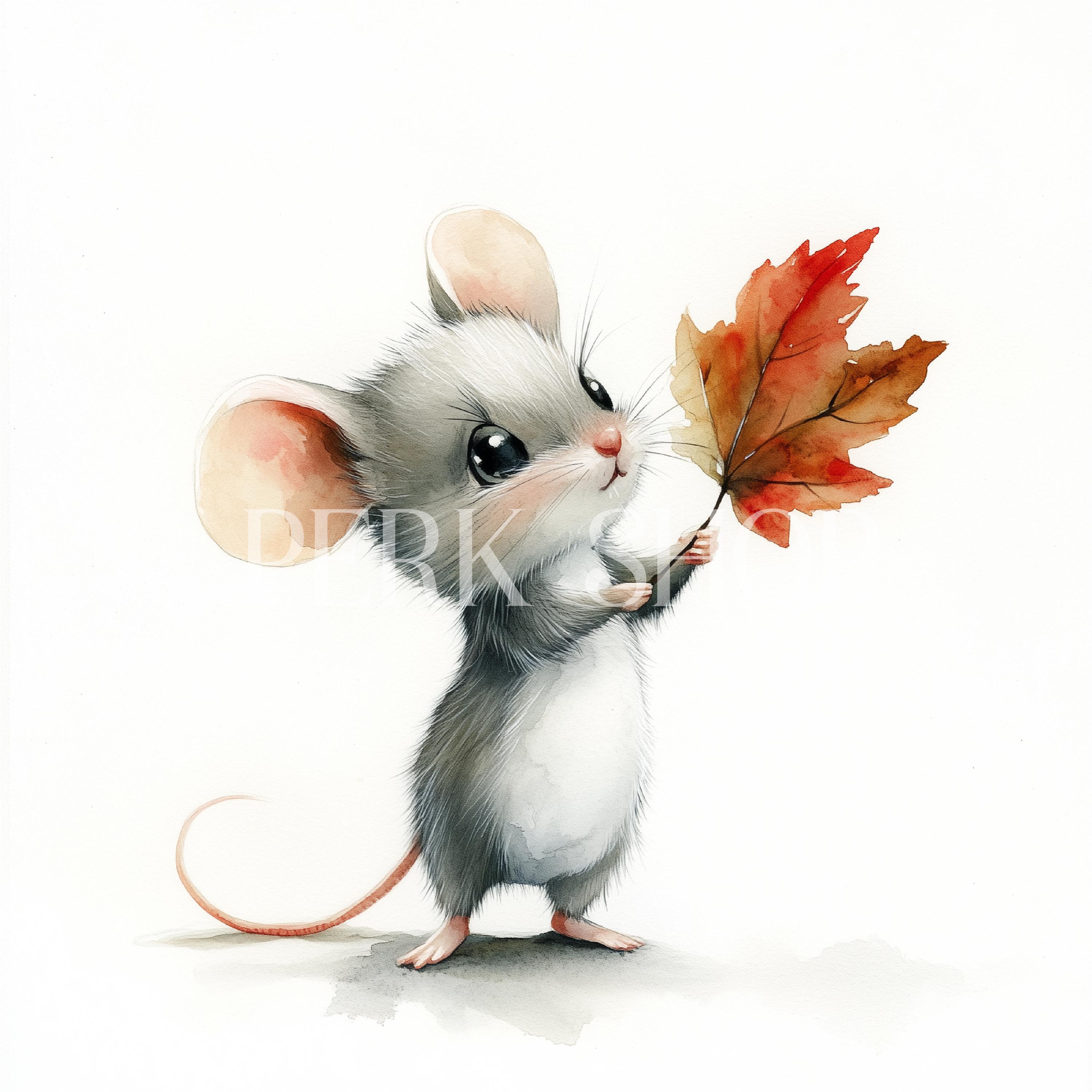 10 Cute Mouse With Autumn Leaf Clipart, Watercolor Animal, Cozy Fall ...