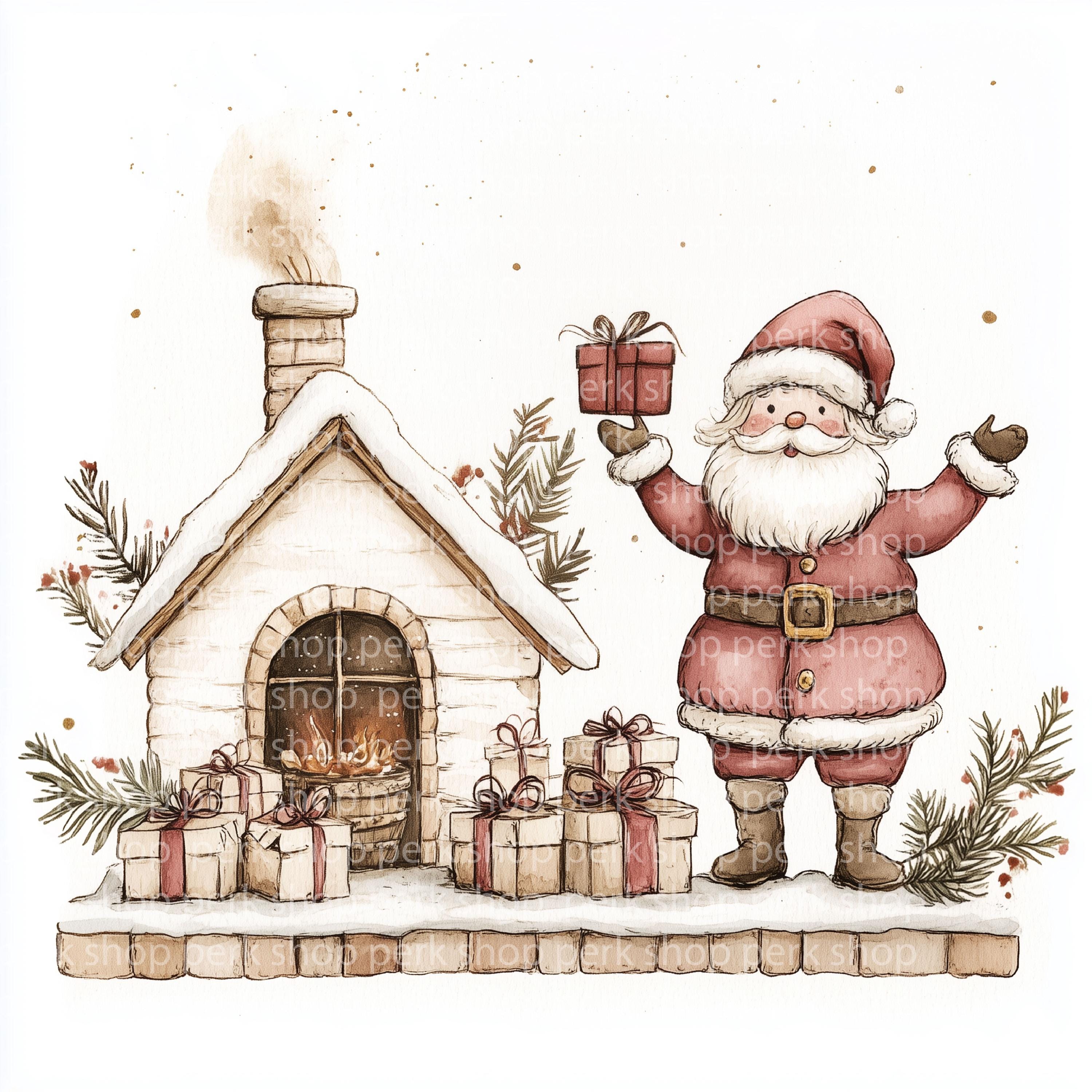 Watercolor Santa Clipart Set, Christmas Houses PNG (digital Download ...