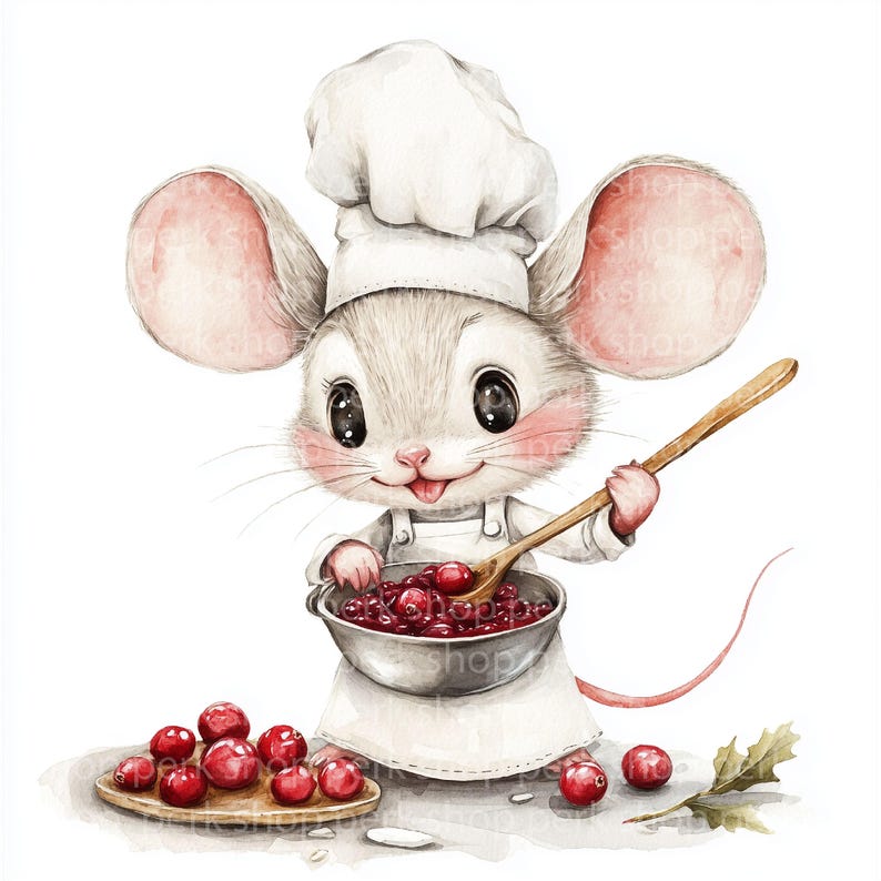 12 Mouse Chef Clipart, Cranberry Sauce Watercolor, Cute Autumn Animal ...