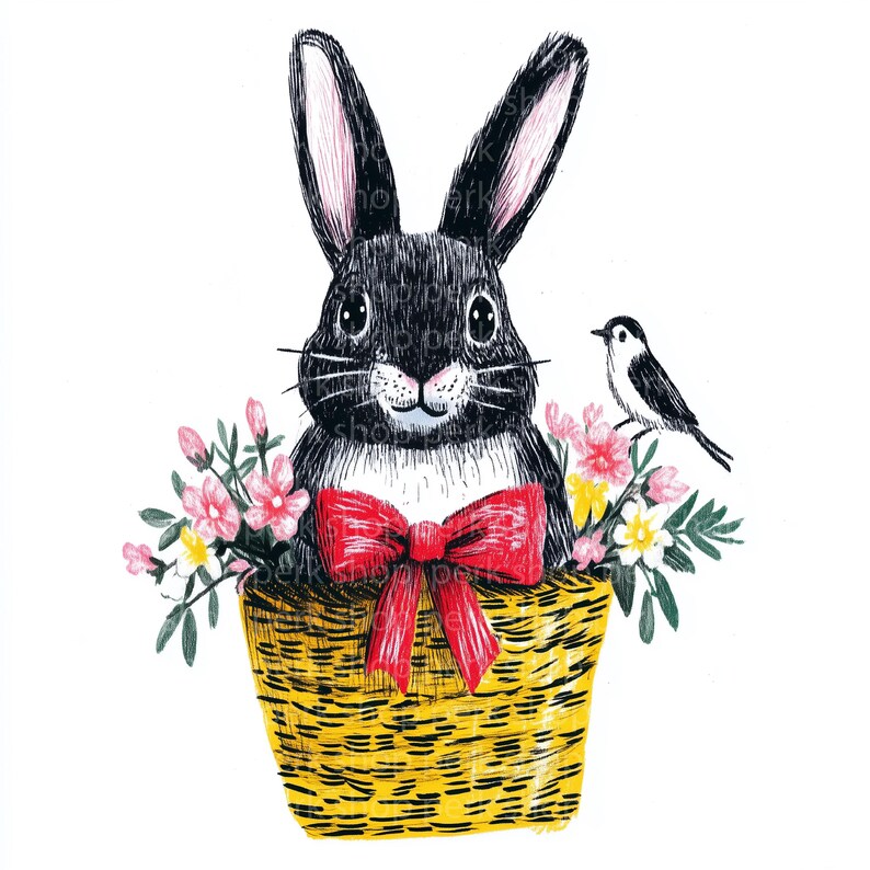 Easter Bunny Clipart, Spring Rabbit With Basket Flowers, Scrapbooking ...