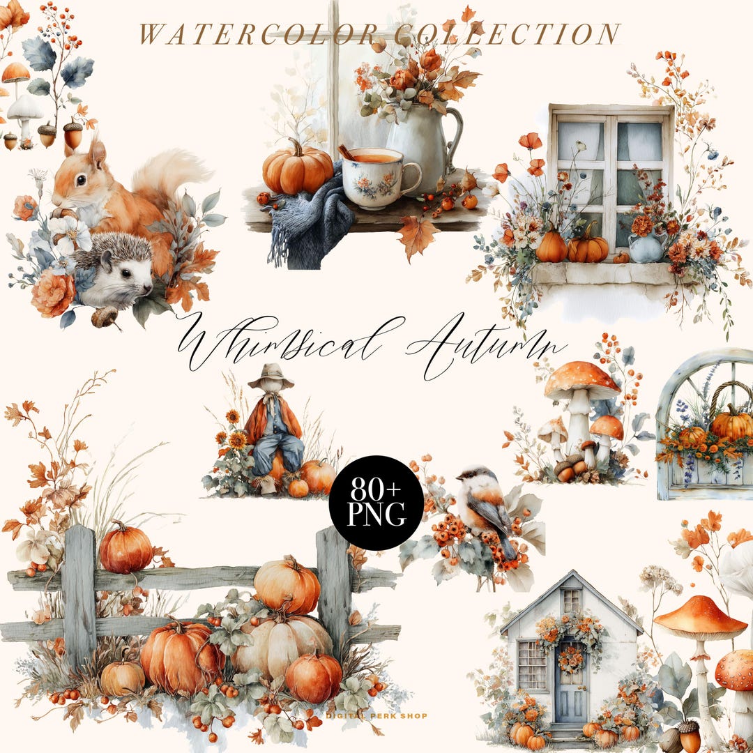 Autumn Watercolor Clipart Bundle: Pumpkins, Mushrooms, Woodland Animals ...