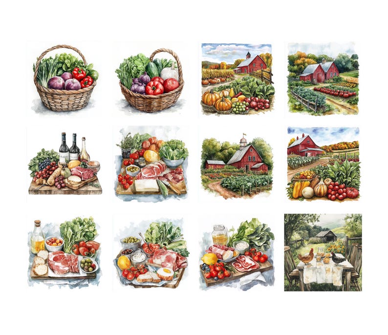 12 Farm to Table Clipart, Fresh Produce Watercolor, Antipasti Printable ...