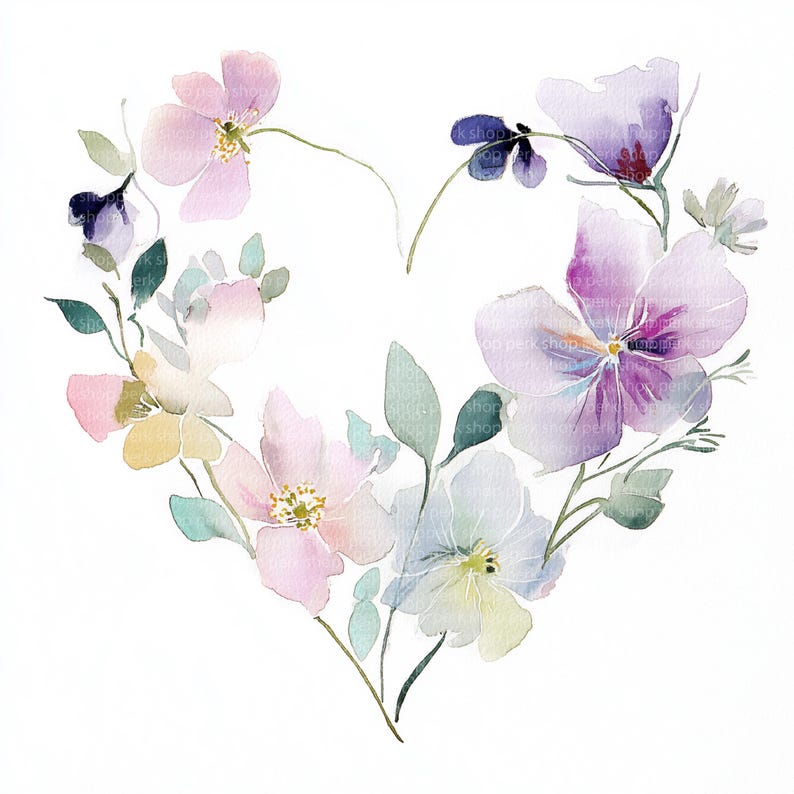 Watercolor Floral Heart Clipart, Pastel Spring Flowers (digital ...