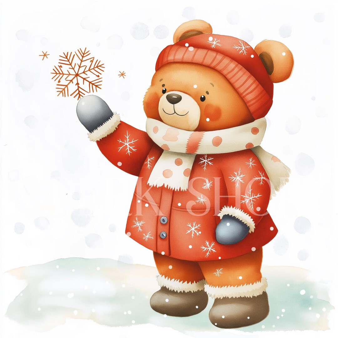 Watercolor Christmas Teddy Bear Clipart: Winter Snowflakes (digital ...