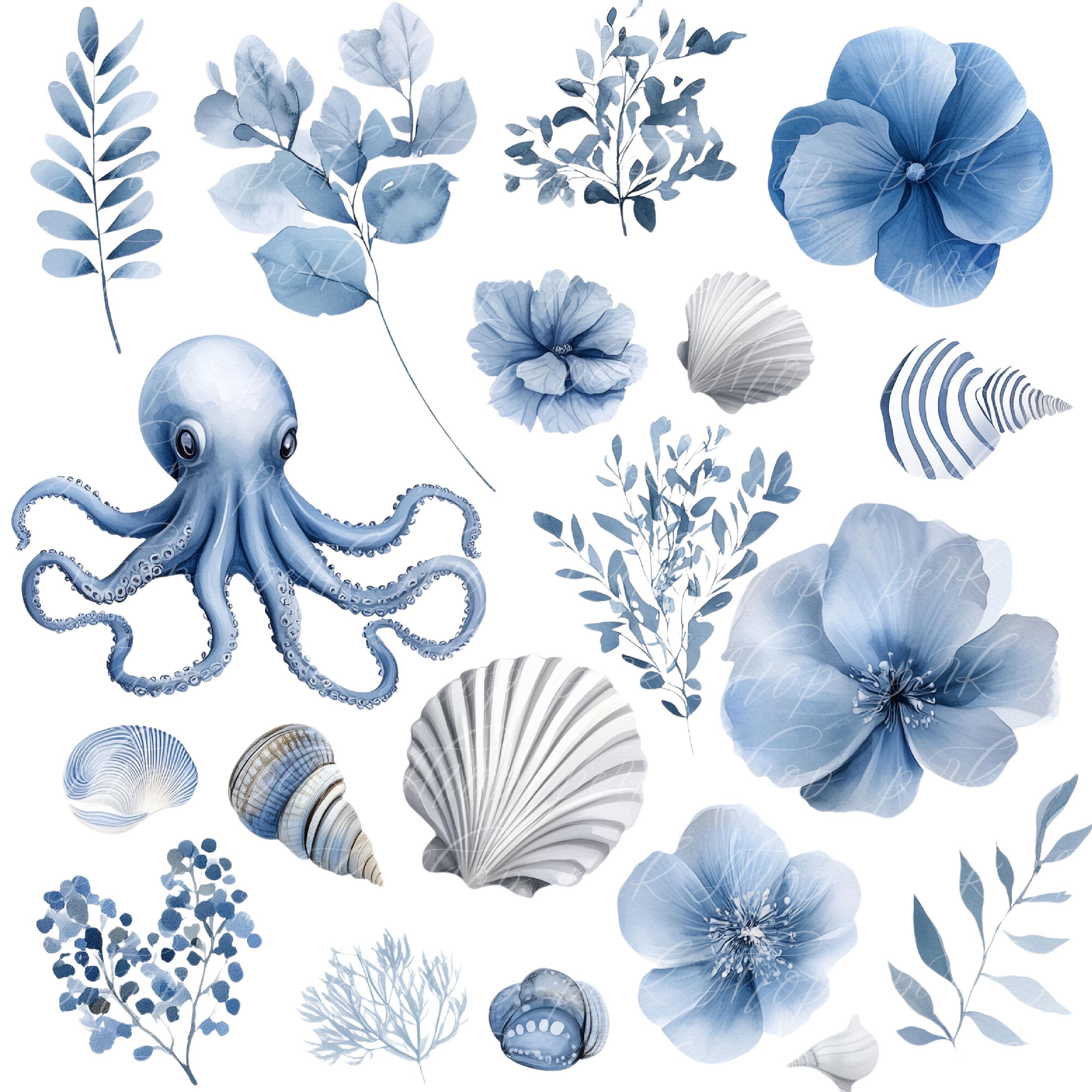 10 Whimsical Octopus Clipart Png, Nautical Coastal Watercolor ...
