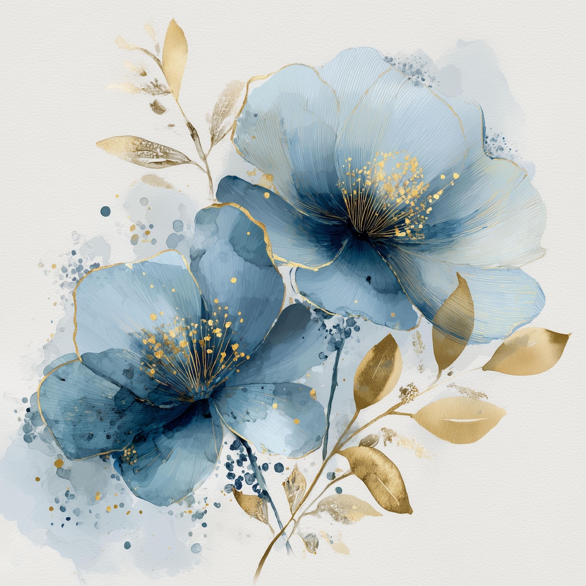 Blue Flower Abstract Watercolor Clipart: Blue & Gold Shimmer Floral Art ...
