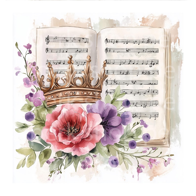 Music Notes Clipart, Floral Crown Vintage Ephemera Print, Flower ...