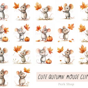 Watercolor Mouse Clipart: Autumn Leaf & Pumpkin Designs (digital ...