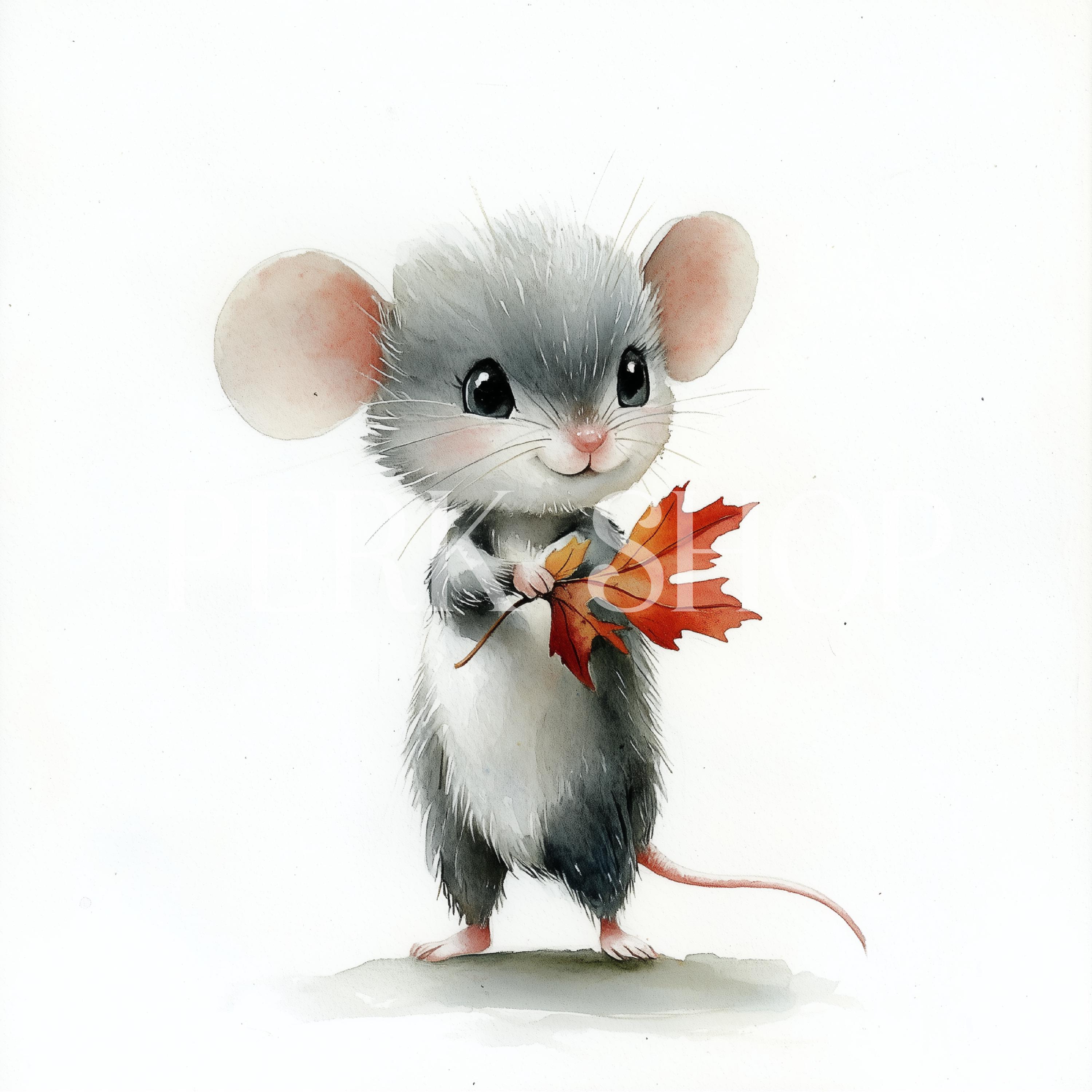 10 Cute Mouse With Autumn Leaf Clipart, Watercolor Animal, Cozy Fall ...