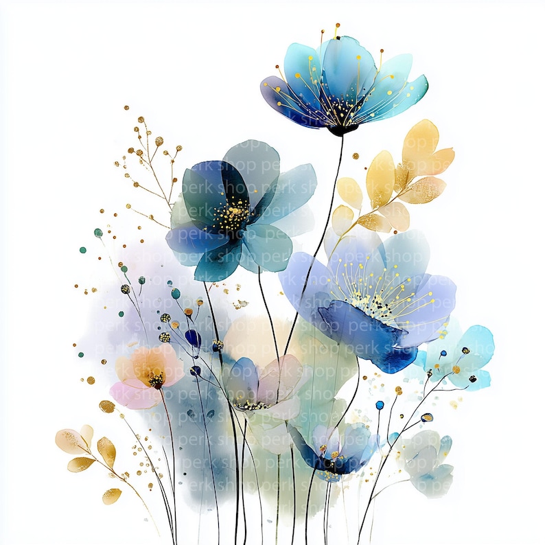 Blue Watercolor Flower Clipart, Printable Floral Illustration, Modern ...