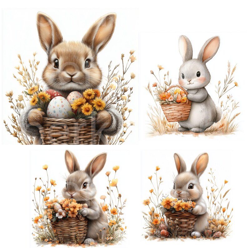 Watercolor Easter Bunny Clipart: Rabbit With Flowers (digital Download ...