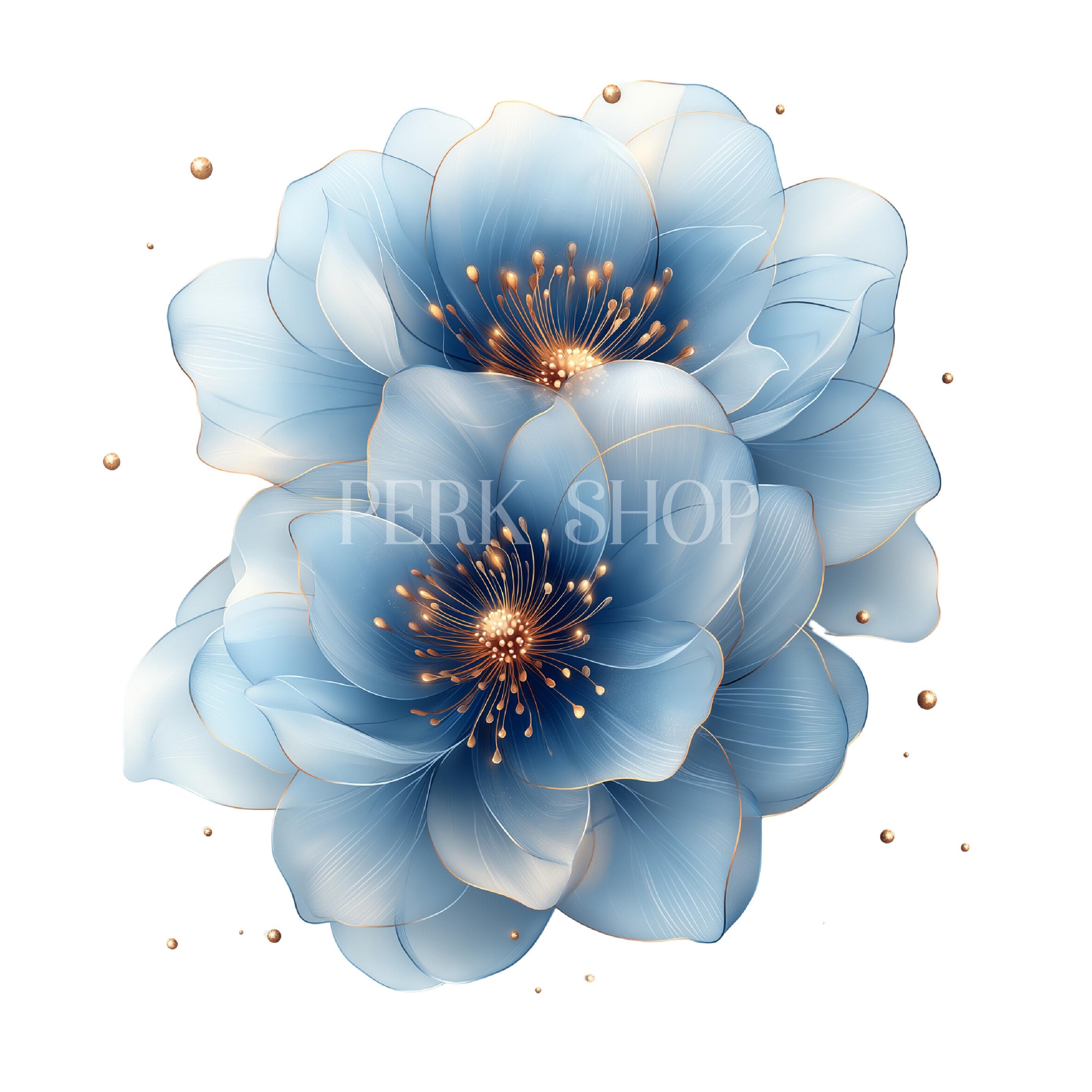 Blue Watercolor Flowers Clipart: Shimmering Floral PNG (digital ...