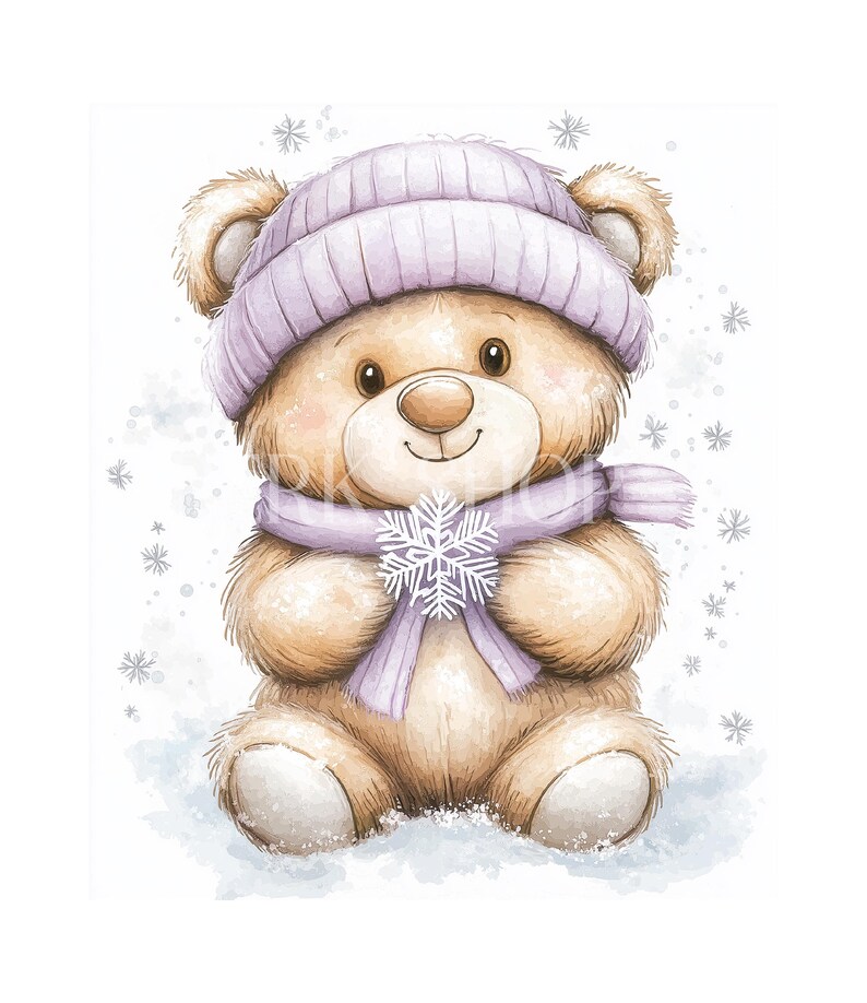 Watercolor Christmas Teddy Bear Clipart: Winter Snowflakes (digital ...