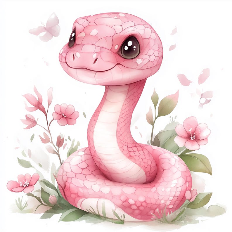 Baby Pink Snake Clipart, Cartoon Reptile Watercolor Digital Art ...