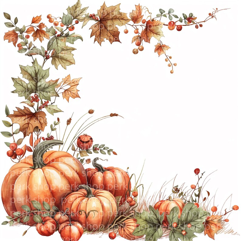 9 Watercolor Pumpkin Border Clipart | Fall Harvest Corner Frame ...
