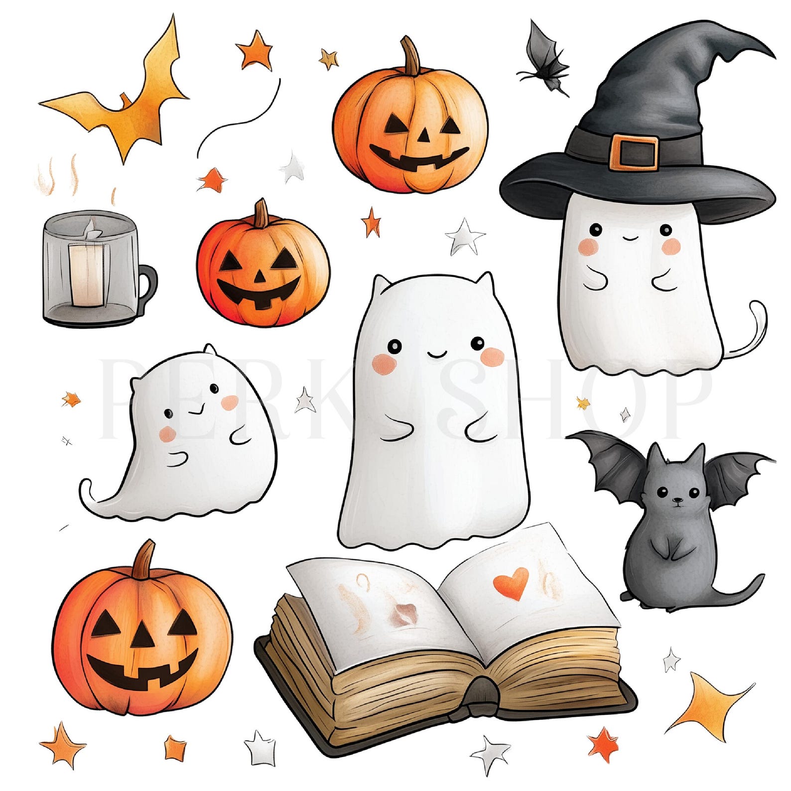 12 PNG Kawaii Halloween Clipart With Cute Ghost, Pumpkins and Cat, Book ...