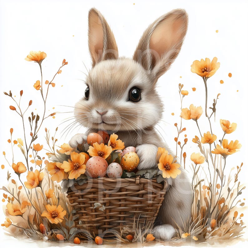 Watercolor Easter Bunny Clipart: Rabbit With Flowers (digital Download ...