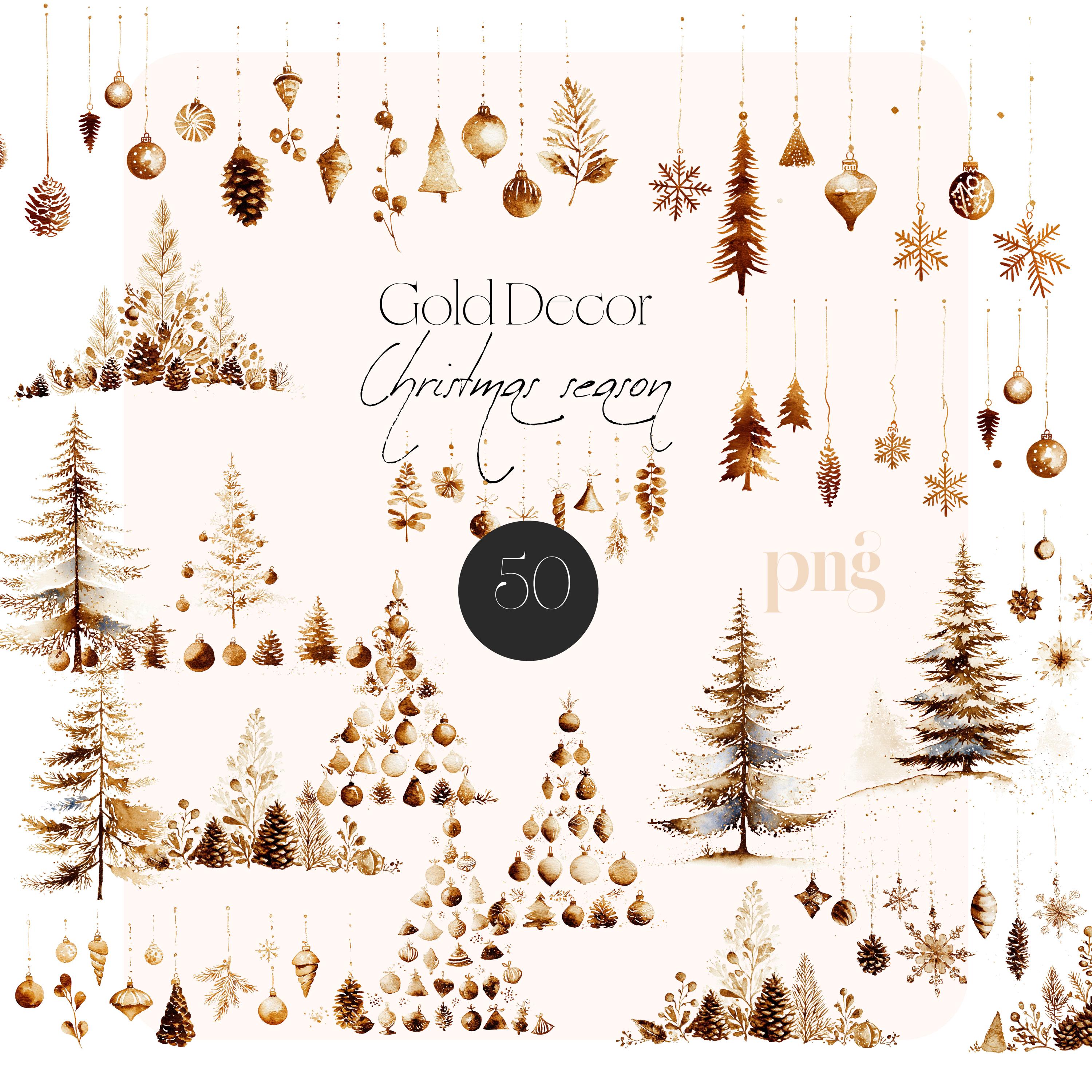Gold Christmas Clipart Bundle - Watercolor Christmas Trees, Ornaments ...