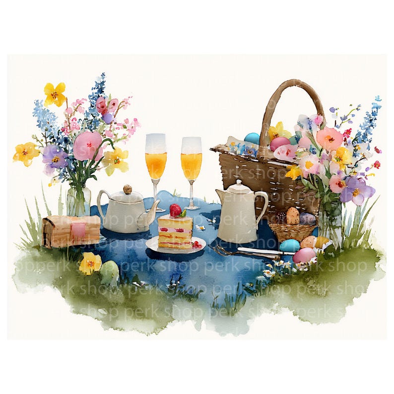 Watercolor Spring Picnic Clipart, Easter Picnic Illustration, Floral ...