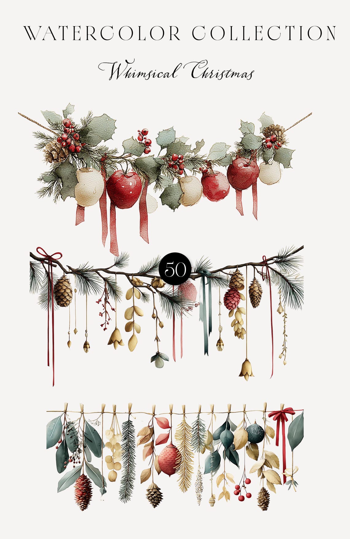 Watercolor Christmas Clipart – 56 PNG Illustrations, Holiday Decor ...