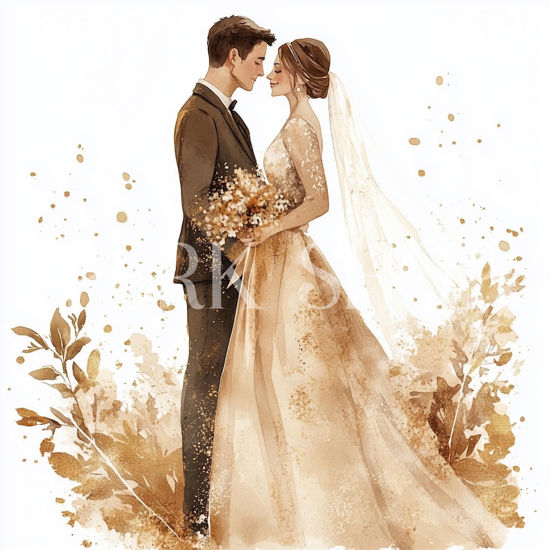 Autumn Wedding Couple Watercolor Clipart: Beige Invitation Design ...