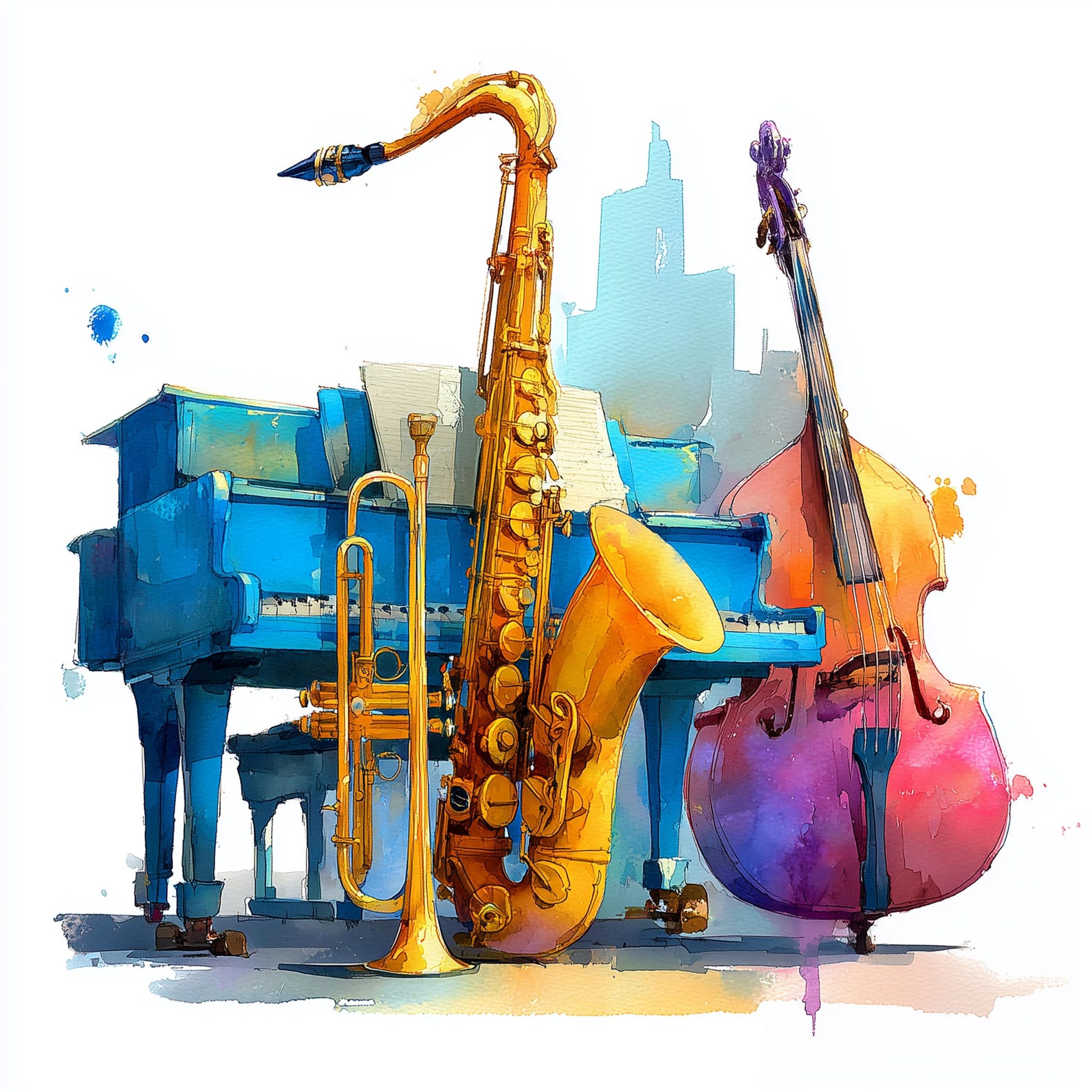 Watercolor Jazz Instruments Clipart: Piano, Saxophone, Trumpet (JPEG ...