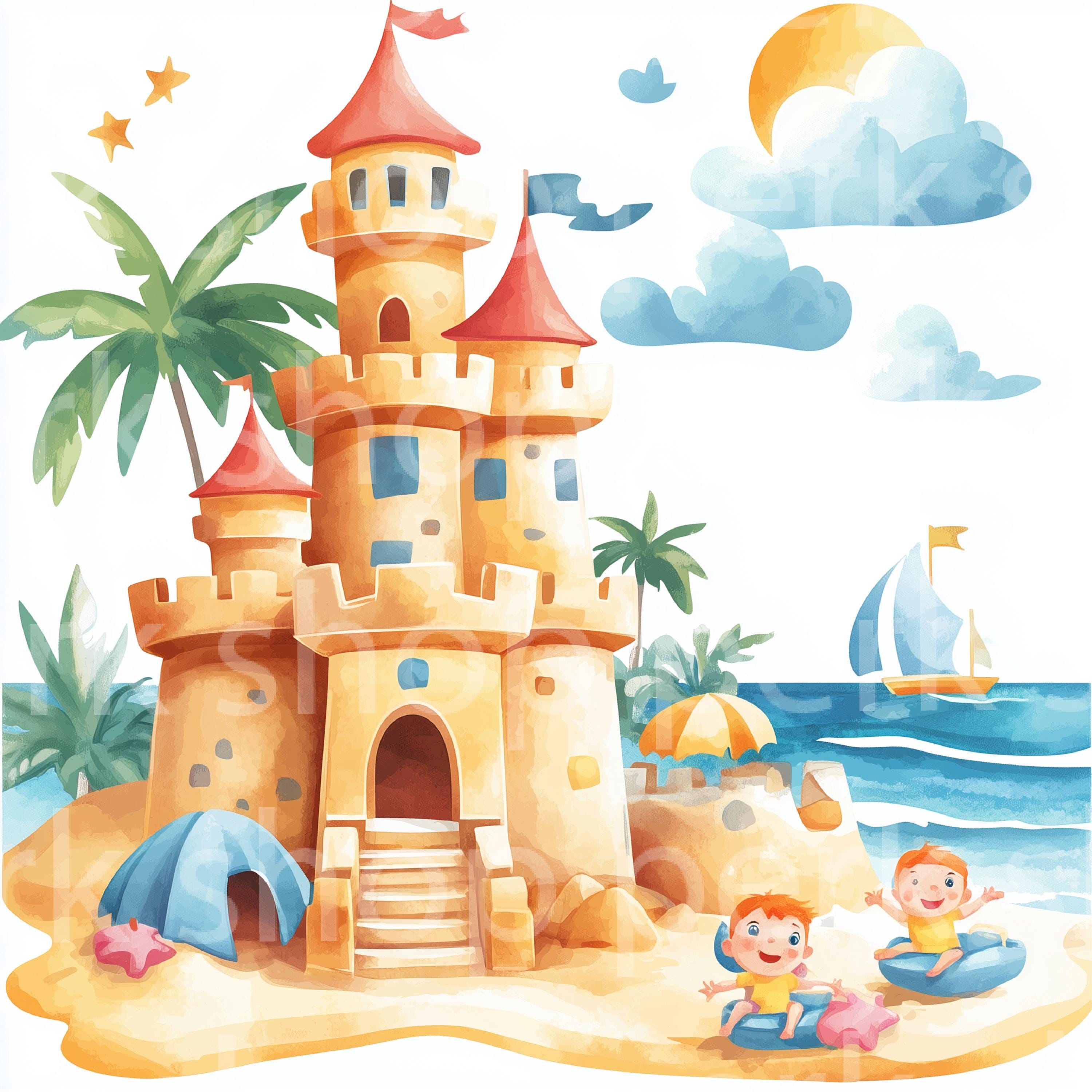 6 Sand Castle Kids Camp Clipart | Cute Toddler Boys, Tents, Palms and ...